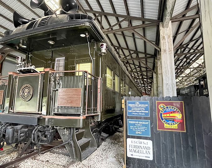 This presidential rail car at the Gold Coast Railroad Museum once carried America's leaders in style across the nation.