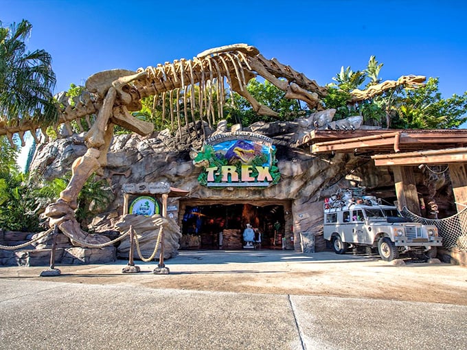 T-Rex Cafe makes a prehistoric statement with its massive dinosaur skeleton entrance. That towering T-Rex fossil promises prehistoric adventures inside!