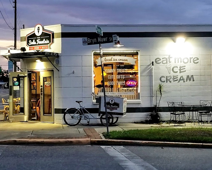 The Soda Fountain's vintage exterior promises authentic treats from an era when "viral" only referred to the common cold.