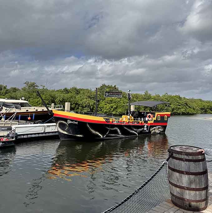 The calm marina setting makes this ship look peaceful, but don't be fooled by those quiet waters.