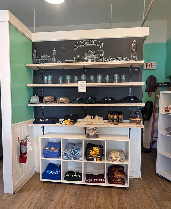 Inside The Hyppo, shelves display merchandise celebrating St. Augustine's favorite gourmet ice pop destination.