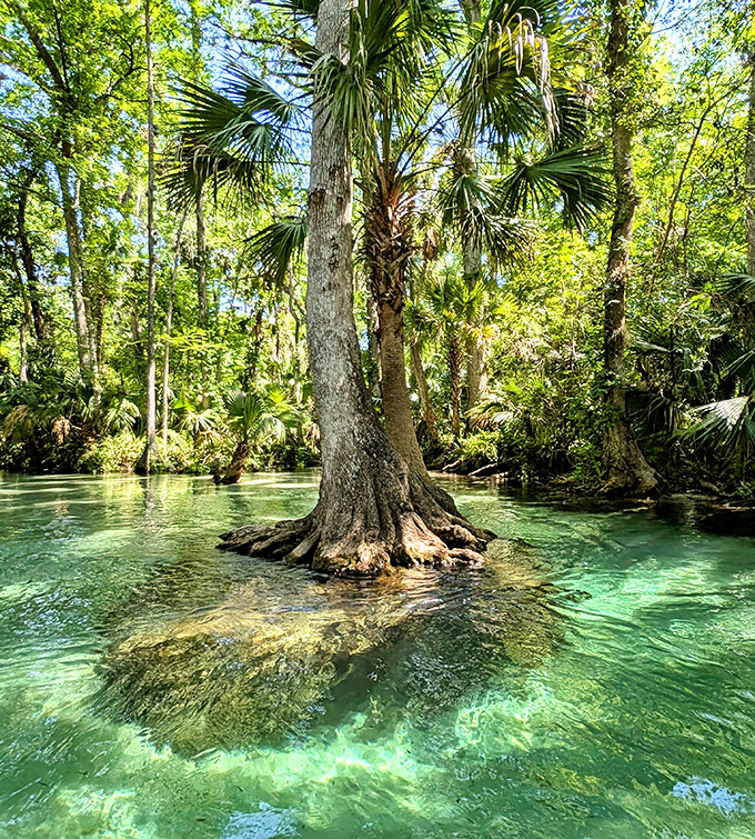 Experience the enchanting beauty of Wekiwa Springs, where palm trees rise from crystal-clear waters in this stunning Florida natural paradise.