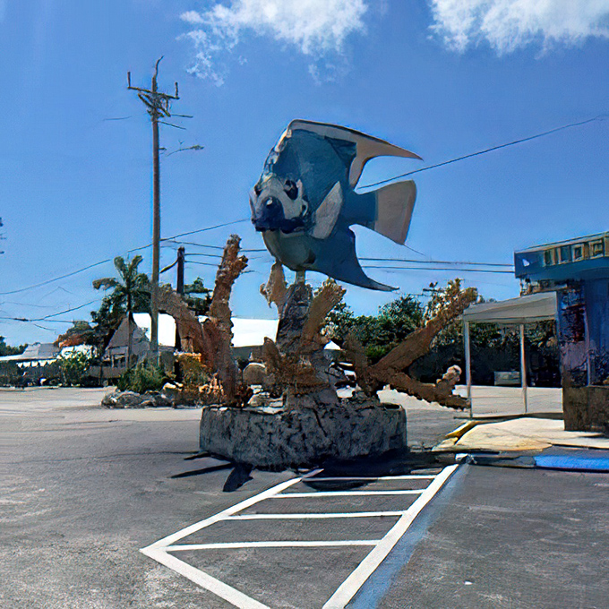 The parking lot perspective shows how this magnificent fish dominates the landscape, a beacon of whimsy visible from blocks away.