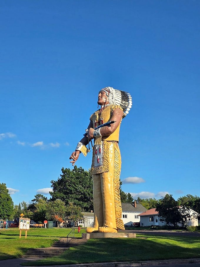 From another angle, Hiawatha's outstretched arm seems to welcome visitors to Ironwood, a gesture of hospitality that matches the friendly local atmosphere.