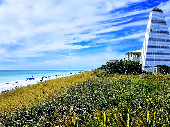 The beach at Seaside &ndash; where the sand is whiter than a Hollywood smile and the water shifts between more shades of blue than your printer can handle.