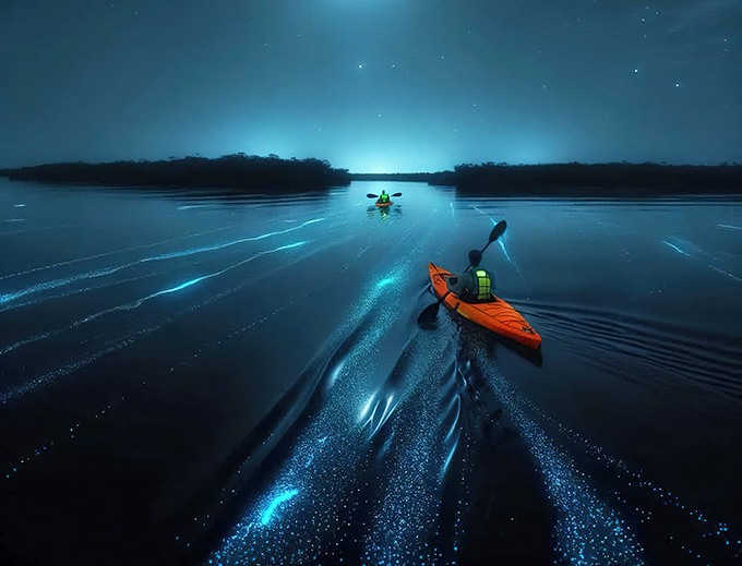 Under moonlight, paddlers navigate a sea of stars, creating ripples that glow like cosmic disturbances.