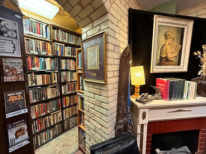 Literary treasures line weathered shelves in this cozy nook, where bibliophiles can lose themselves among carefully curated volumes – proving that good books, like good buildings, improve with age.
