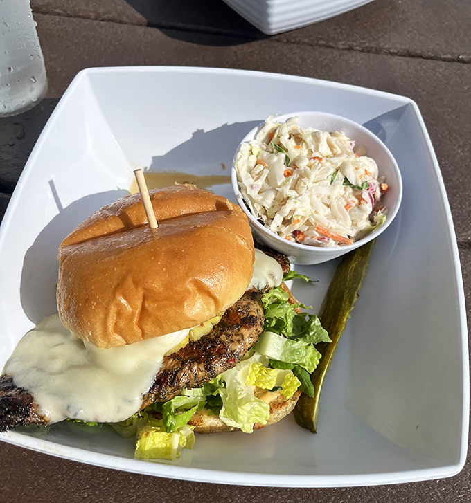 Burger bliss with a side of homemade coleslaw &ndash; simple pleasures elevated by that million-dollar Gulf view.