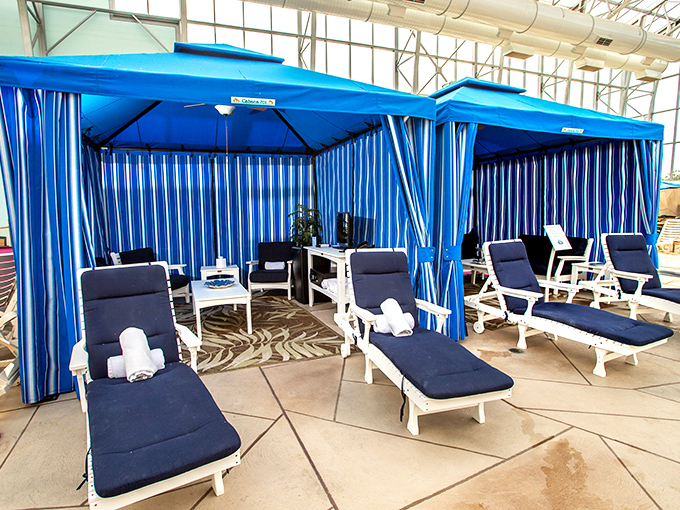 The cabana area offers a VIP retreat from splashing chaos, complete with comfy loungers and attentive service.