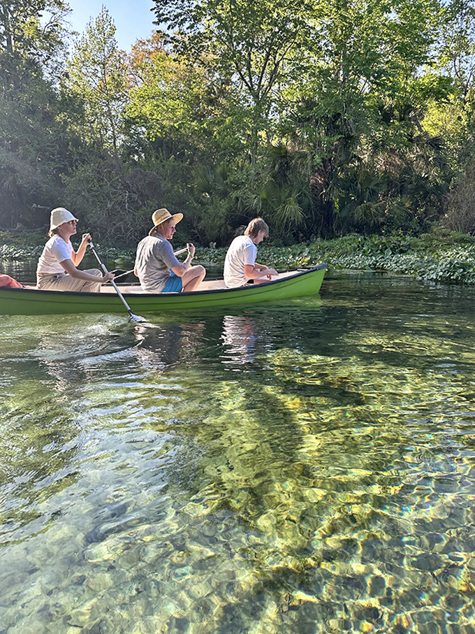 Three explorers glide through water so clear it seems they're floating on air rather than paddling through a spring-fed paradise.