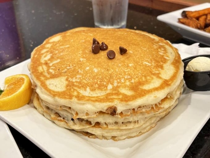 Chocolate chip pancakes that strike the perfect balance &ndash; enough melty morsels to satisfy your sweet tooth without overwhelming the pancake itself.
