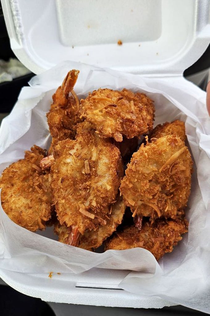 Golden-fried coconut shrimp with that perfect crunch &ndash; the kind of unexpected truck stop delicacy that makes you pull over every time you pass by.