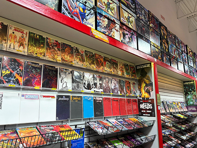 Comic books arranged with museum-like precision &ndash; a kaleidoscope of illustrated universes where heroes and villains battle across vibrant panels.