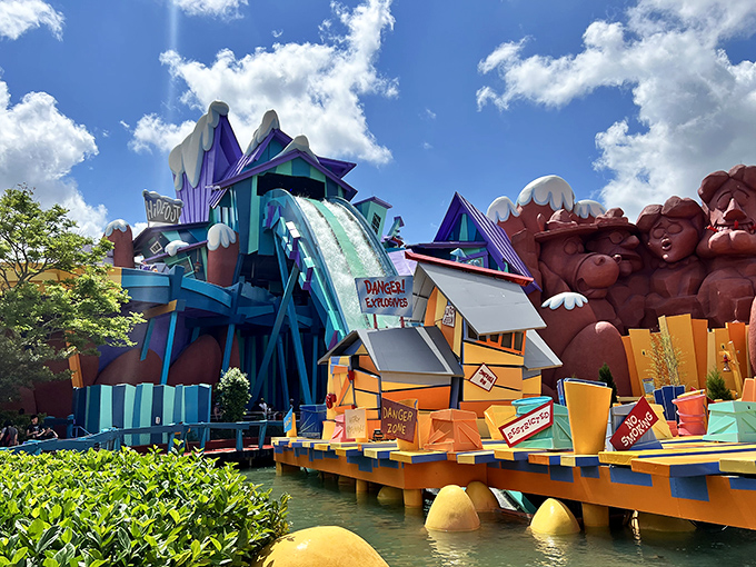 Dudley Do-Right's Ripsaw Falls combines cartoon chaos with a splash zone that makes Florida summer showers seem like a light mist.