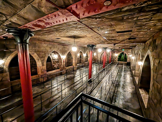 The empty queue line's industrial-gothic design tells its own story, with red columns and stone arches guiding magical travelers.