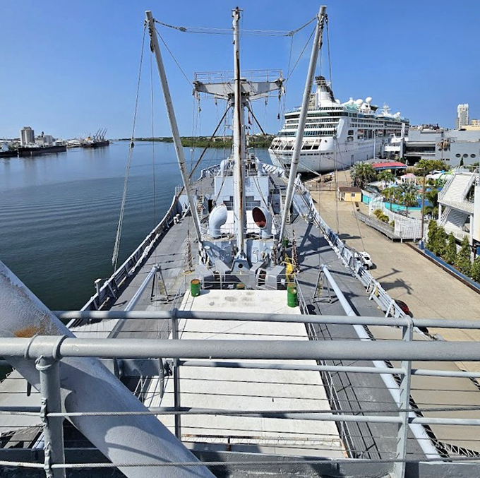 From the Forward Deck, visitors enjoy panoramic views of Tampa's waterfront while standing where lookouts once watched for enemy vessels.