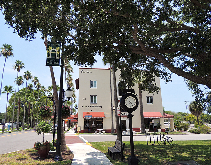 The Historic KMI Building stands as a testament to Venice's thoughtful planning, its clock keeping time for generations of visitors and locals.