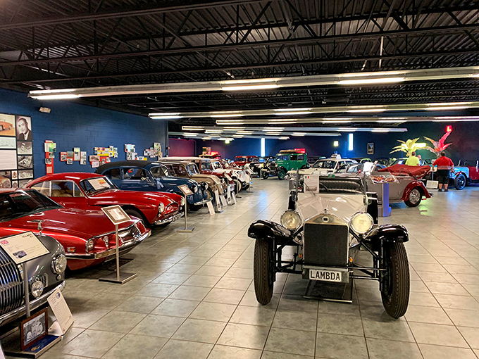 Another angle reveals the museum's thoughtful layout, where each automotive masterpiece gets its moment in the spotlight.