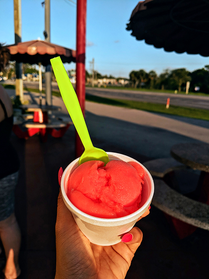 A vibrant scoop of watermelon Italian ice glows like a neon sunset, offering a refreshing dairy-free option that captures Florida's fruity essence in frozen form.