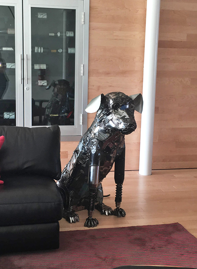 This metallic canine looks ready to fetch a wrench or guard your workshop – the perfect pet for those allergic to fur but not creativity.