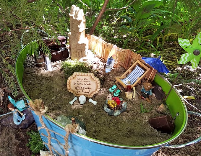 Miniature Beach-scene Tub: "Private Troll Hideaway" - because even mythical creatures need vacation spots away from bridge-dwelling responsibilities.
