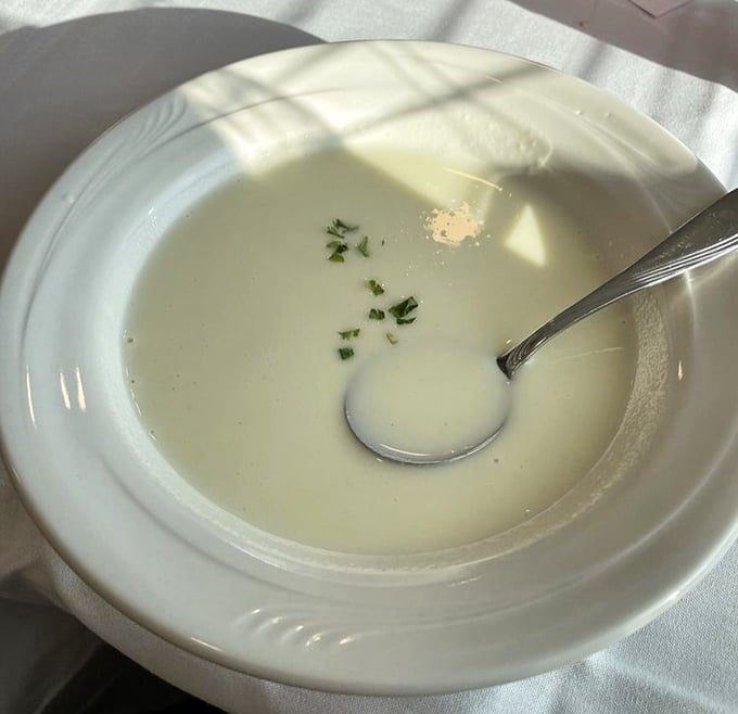 A velvety potato leek soup that's smoother than the alibis you'll hear throughout the evening &ndash; each spoonful buys you time to ponder suspects.