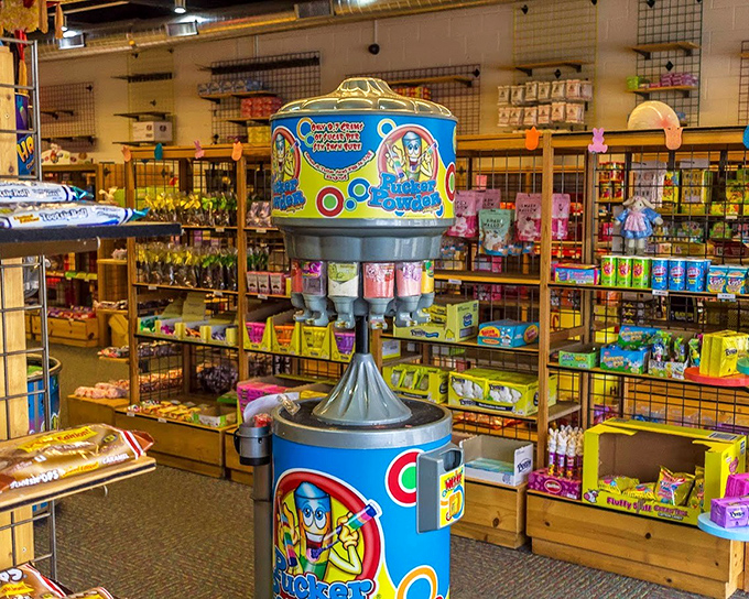 The Pucker Powder station, where kids become mad scientists, creating custom flavor combinations that defy both nature and good judgment.