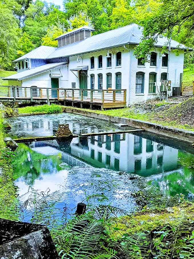 Morning light transforms the historic waterworks into a postcard-perfect scene, its white façade mirrored in the spring-fed pools below.