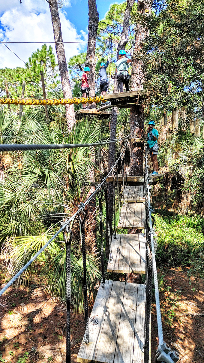 Teamwork makes the dream work as adventurers tackle the suspended walkway, each wooden slat a step toward conquering fears.