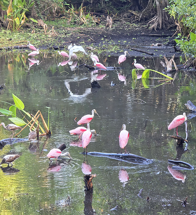 Roseate spoonbills gather like flamingo cousins at a family reunion, their pink plumage creating living art against the dark water.