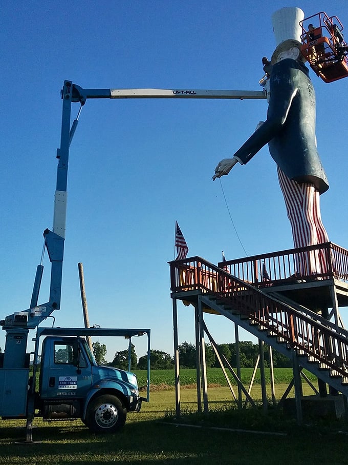 From this perspective, Uncle Sam's commanding presence and detailed costume work showcase the artistry behind this roadside wonder.