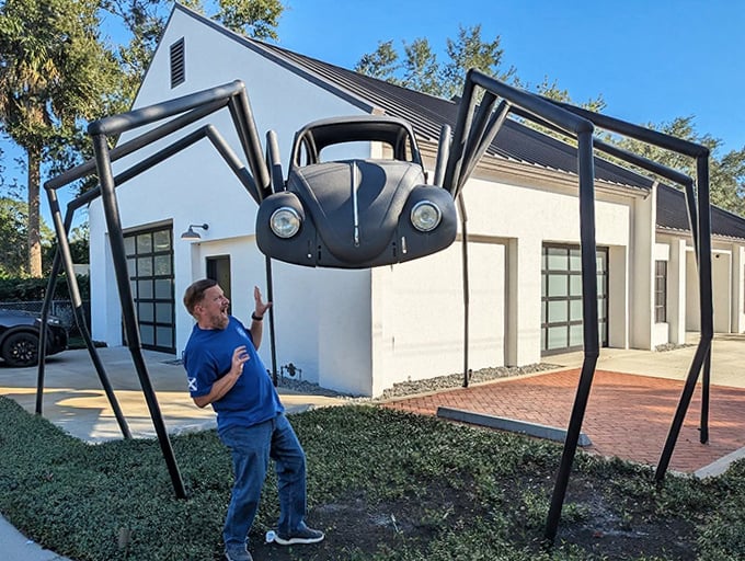 Visitors can't resist interacting with Mount Dora's mechanical arachnid, creating photo opportunities that are anything but ordinary.