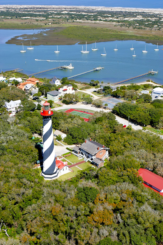The iconic black-and-white St. Augustine Lighthouse offers panoramic Atlantic views for those brave enough to climb its 219 steps.
