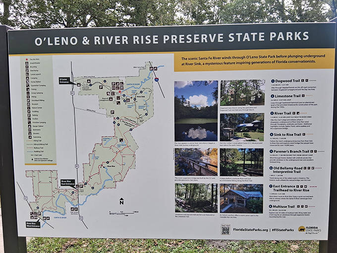 The park map reveals a labyrinth of trails and waterways, each path promising its own unique adventure through Florida's natural wonders.