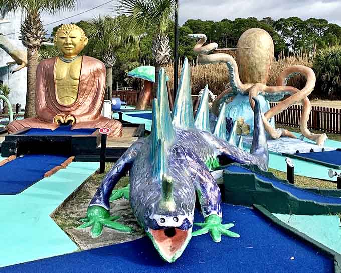 Eclectic doesn't begin to describe this collection of structures. Where else can you putt past a sphinx, dinosaur, and fish in one afternoon?