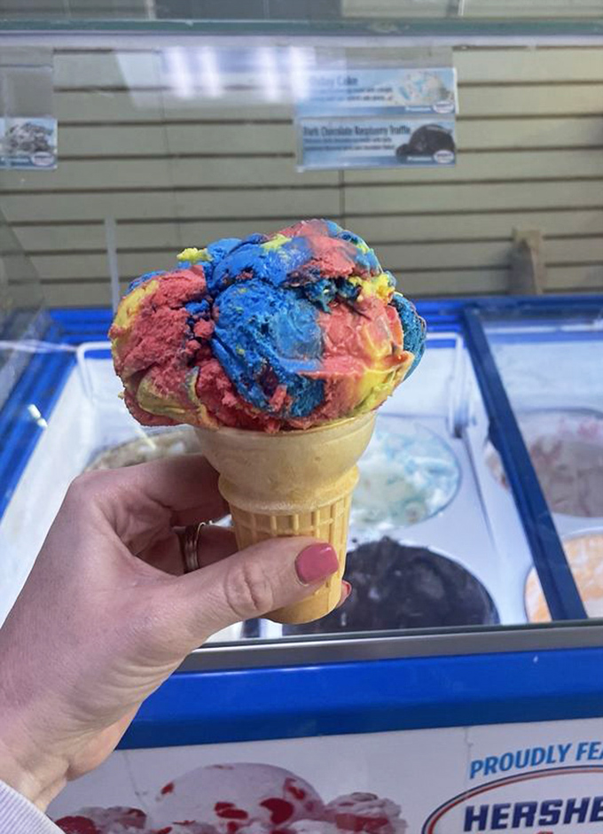 Superman ice cream defies gravity and good sense with its psychedelic swirls, promising superhero-sized flavor in every colorful bite.