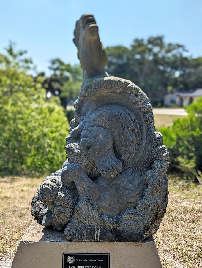 This stone equine seems caught mid-gallop &ndash; "Swimming Fire Horses" demonstrates how solid rock can somehow capture fluid motion.