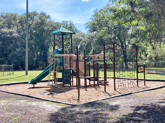 Local kids burn off energy at Micanopy's charming playground, where simple slides and swings offer old-fashioned fun without digital distractions.