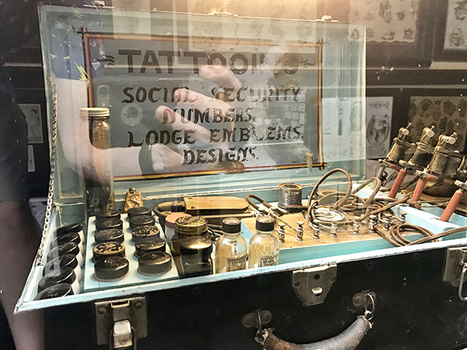 "Social Security Numbers, Lodge Emblems, Design" &ndash; this vintage kit reveals tattooing's practical applications beyond decoration.