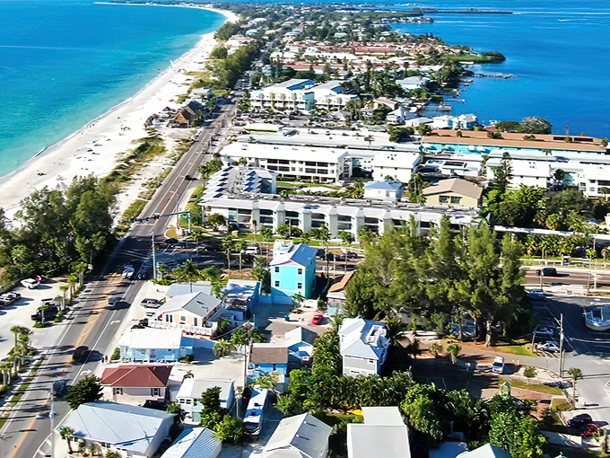 From above, Anna Maria Island reveals its perfect positioning between Gulf and Bay waters – nature's version of being hugged from both sides.