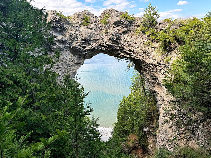 This amazing limestone formation has withstood thousands of years of Michigan weather, standing proud like nature's own cathedral window.