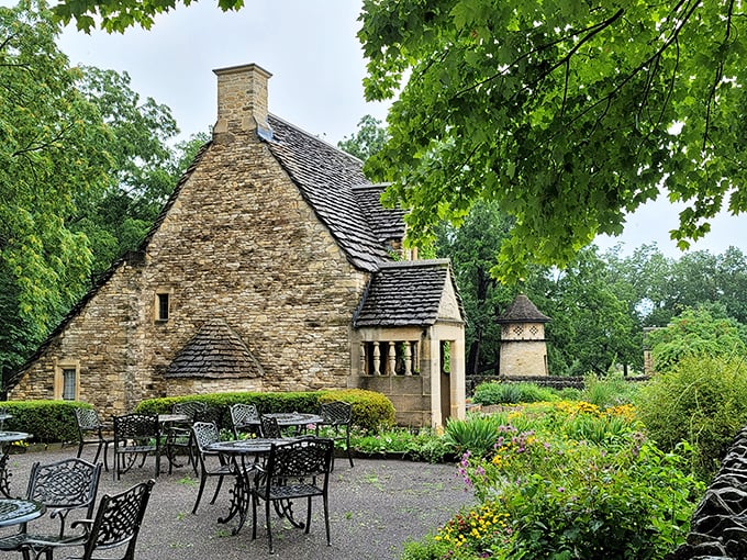 The Cotswold Cottage brings a slice of rural England to Michigan, its stone walls and garden offering a tranquil respite from modern chaos.