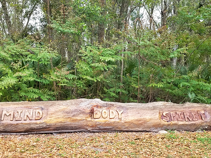 "Mind, Body, Spirit" carved into this natural log reminds visitors of life's essential trinity, though "Coffee" would make a worthy fourth addition.
