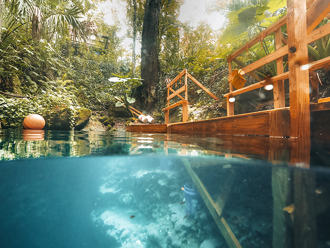 The water's impossible clarity creates an optical illusion &ndash; are you looking at air or water? Only the ripples give it away.