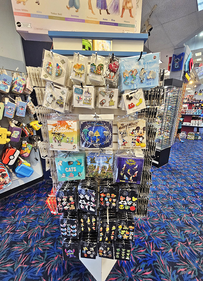 Collectible pin heaven: For serious traders and casual collectors alike, this spinning rack of miniature metal treasures represents both hobby and investment opportunity.