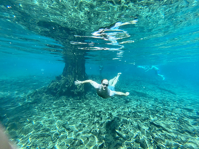 Adventurous divers explore the depths of Morrison Springs, where limestone formations and underwater caves create a natural playground for exploration.