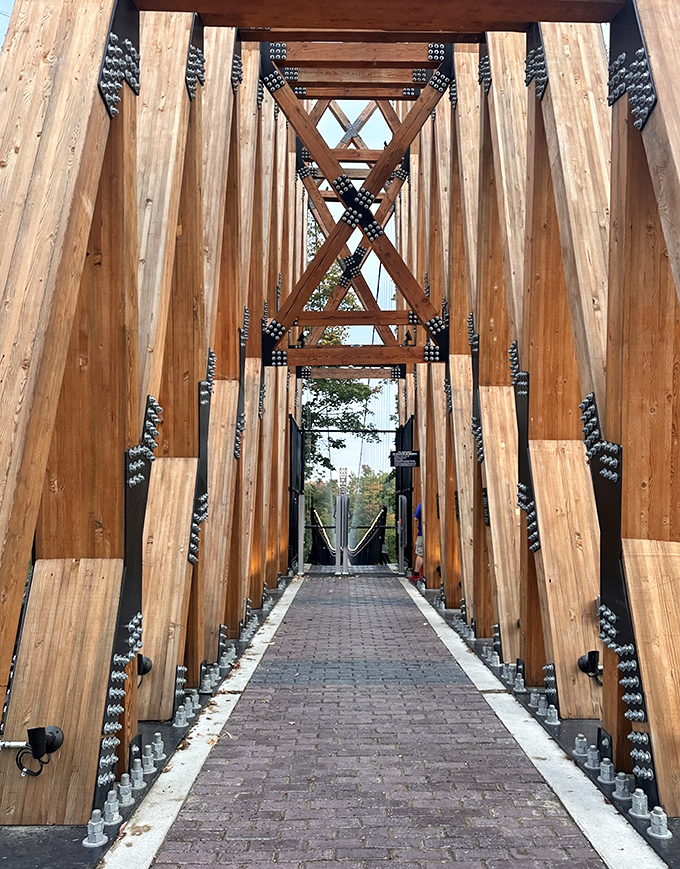 Walking through this wooden gateway feels like entering a portal to another dimension—one where gravity seems more like a suggestion than a law.