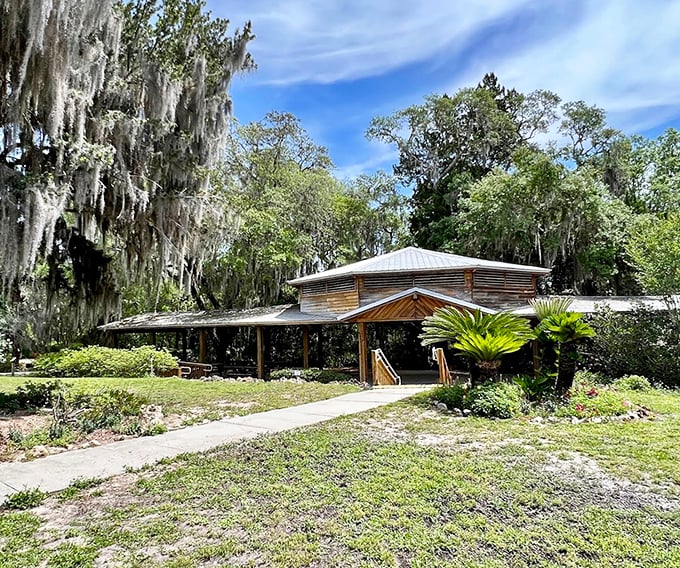 The pavilion stands like a rustic cathedral among Spanish moss&mdash;Florida's version of a five-star wilderness lounge.