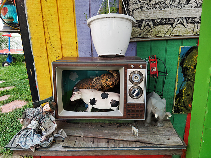 Who needs Netflix when you've got a vintage TV repurposed as a miniature barnyard? Farm animals find an unlikely home in this electronic pasture.