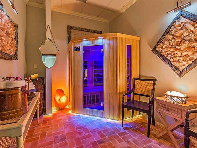 The infrared sauna: where having a fever without the actual illness becomes a luxury experience you'll willingly pay for.